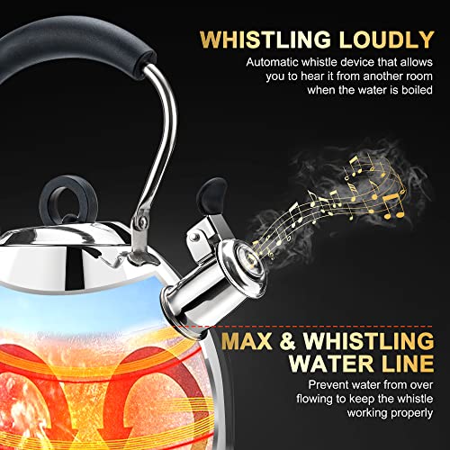 Tea Kettle Stovetop - HIHUOS 2.64QT Whistling Tea Pots for Stove Top - Sleek Teapots with Universal Base, Mirror Stainless Steel Teakettle with Cool Grip Bakelite Handle