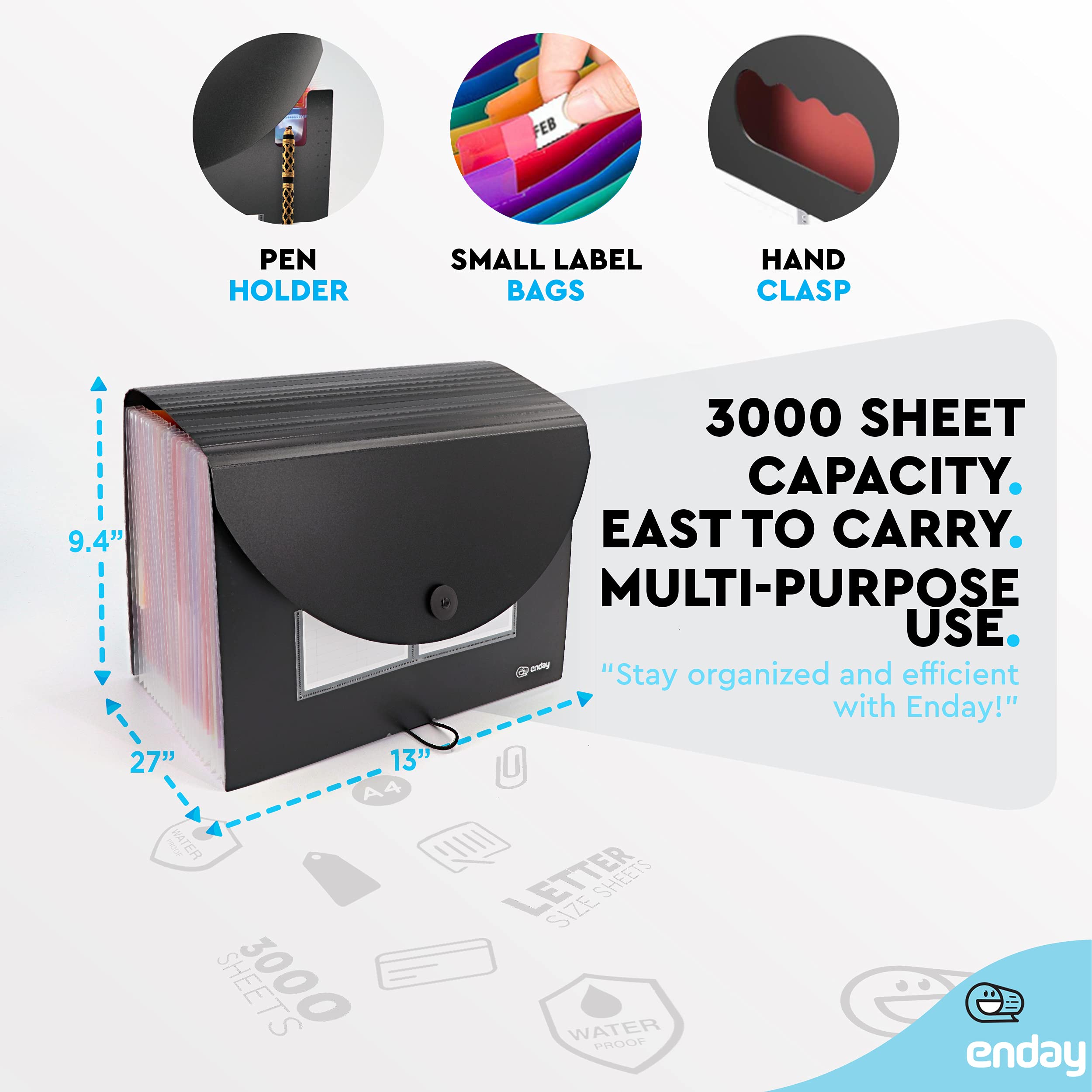 Accordion File Organizer 24 Pocket Expanding File & Cover Folder with Labels, Plastic Portable Desktop Letter A4 Paper Document Receipt Bill Storage, Filing Folder Organizer β by Enday