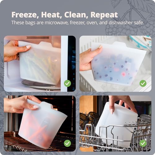 Greater Goods Reusable Silicone Food Storage Bags, Stand Up Zip, Multi-Use Storage containers, BPA- Free, Dishwasher, Microwave, and Oven Safe, Clear, Dish Set (24 Oz, 32 Oz, 64 Oz)