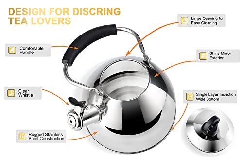Tea Kettle Stovetop - HIHUOS 2.64QT Whistling Tea Pots for Stove Top - Sleek Teapots with Universal Base, Mirror Stainless Steel Teakettle with Cool Grip Bakelite Handle