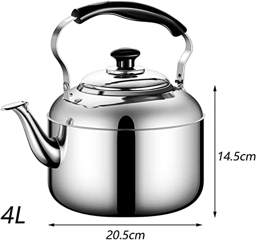 Food Grade Stainless Steel Tea Kettle Stove Top Whistling Silver Teapot,Large Capacity,Gas Electric Applicable (Size : 4L)