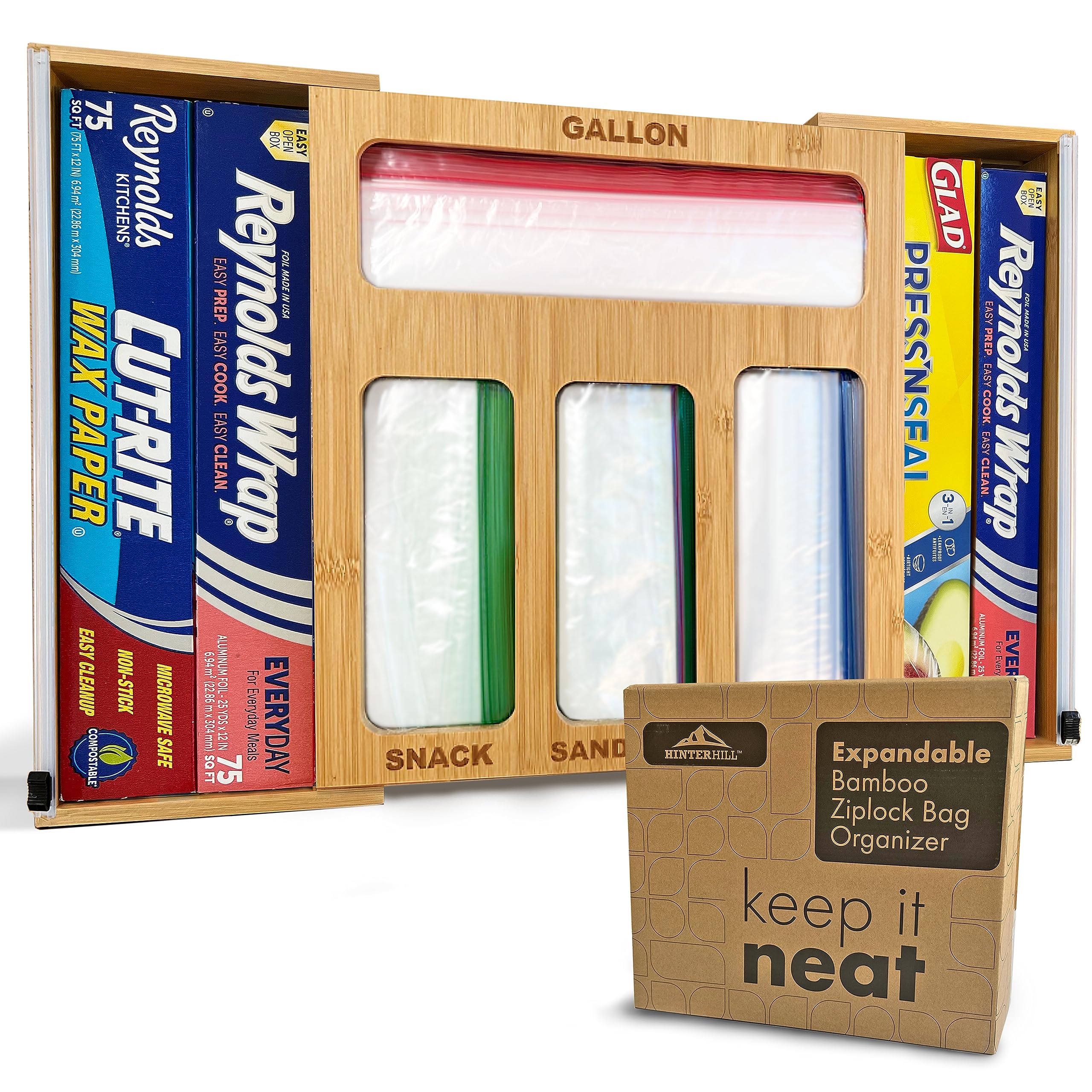 HinterHill Expandable Ziplock Bag Organizer and Kitchen Drawer Organizer, 6-in-1 Plastic Bag Organizer and Foil and Plastic Wrap Organizer with Slide Cutters, Ziplock Organizer with Two Wrap Cutters