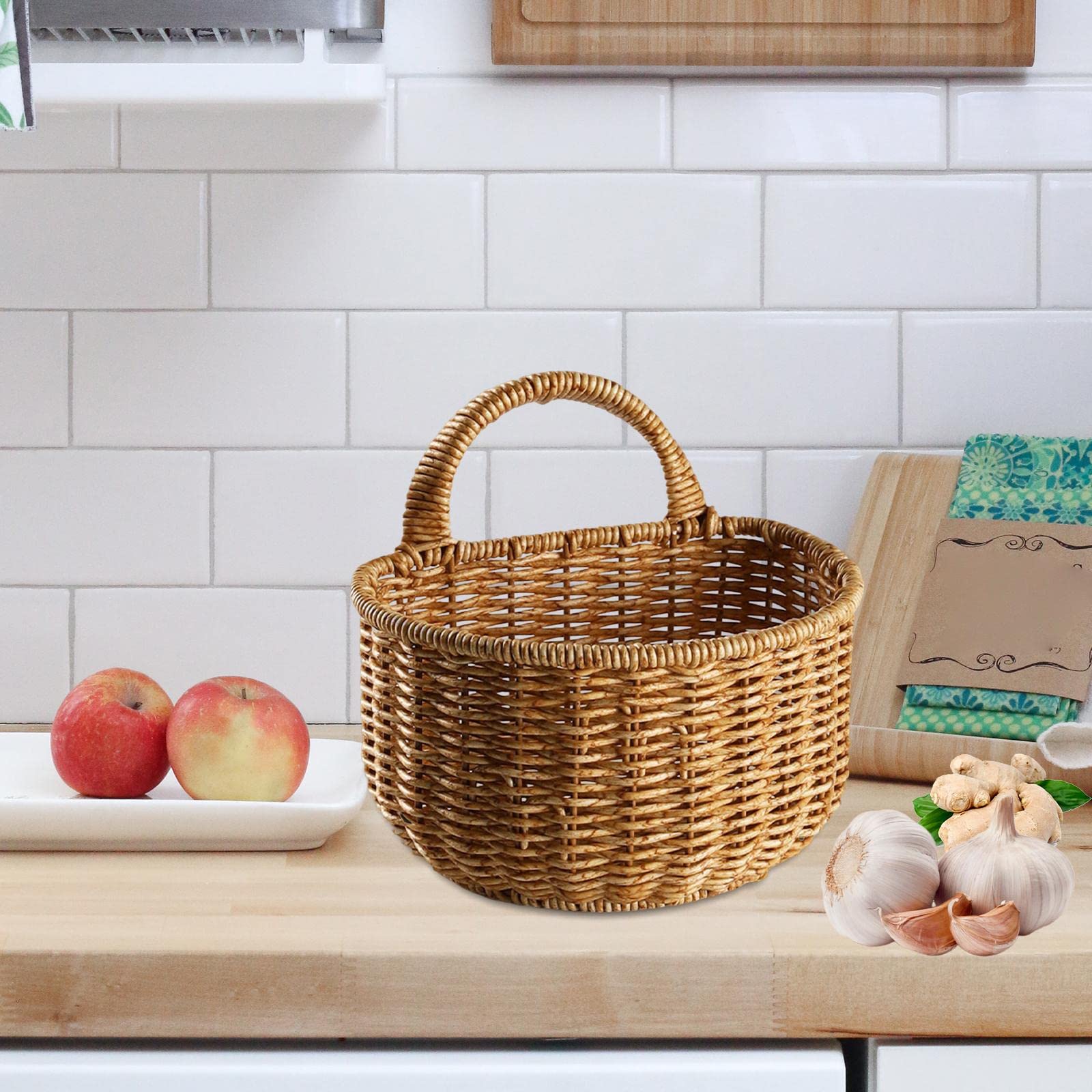 Qianly Wall Hanging Baskets Storage with Handle Washable Decorative Basket Woven Wall Basket Kitchen Bin for Towels Magazines Toys Balcony Cabinet, 17cmx15cm