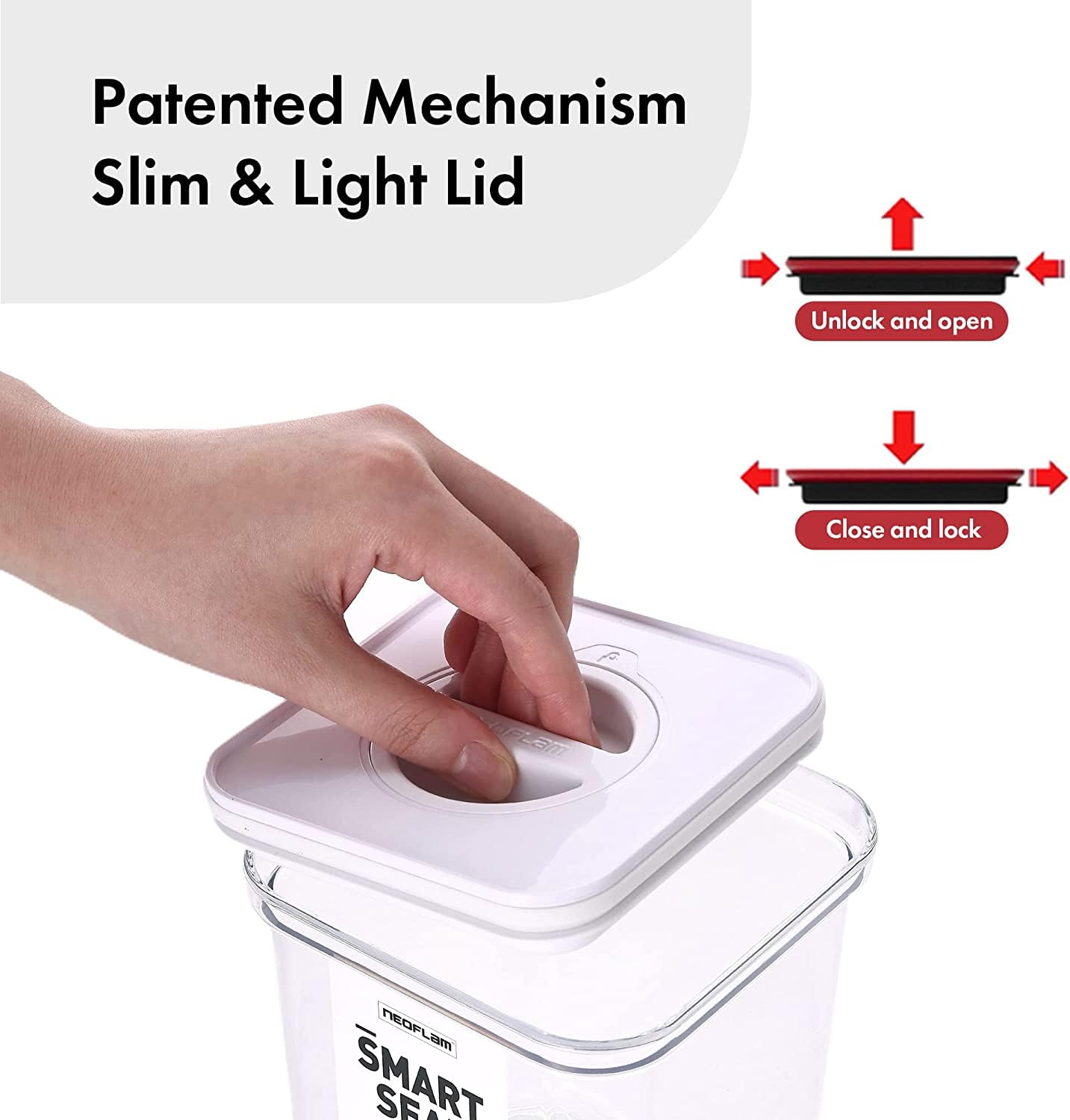 Neoflam Airtight Smart Seal Food Storage Container (Set of 3) | Crystal Clear Body | Modular, Stackable, Nestable Design (2.7L, Square)