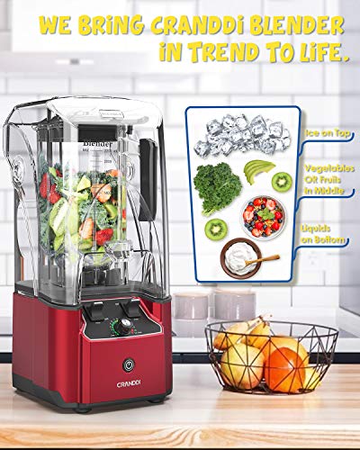 CRANDDI Commercial Quiet Blender, 2200 Watt Professional Countertop Blender with BPA-FREE 80oz Pitcher, Built-in Pulse & 15-speeds Control, Smoothie Blender for Commercial and Home 110V (Red)