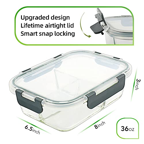 DAS TRUST [5-Packs, 36 oz] Glass Meal Prep Containers 3 Compartment with Lids, Glass Lunch Containers,Food Prep Lunch Box,Bento Box,Microwave, Oven, Freezer, Dishwasher (4.5 Cups, Gray)