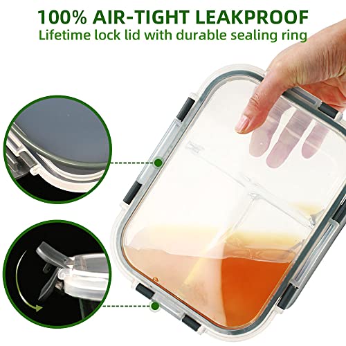 DAS TRUST [5-Packs, 36 oz] Glass Meal Prep Containers 3 Compartment with Lids, Glass Lunch Containers,Food Prep Lunch Box,Bento Box,Microwave, Oven, Freezer, Dishwasher (4.5 Cups, Gray)