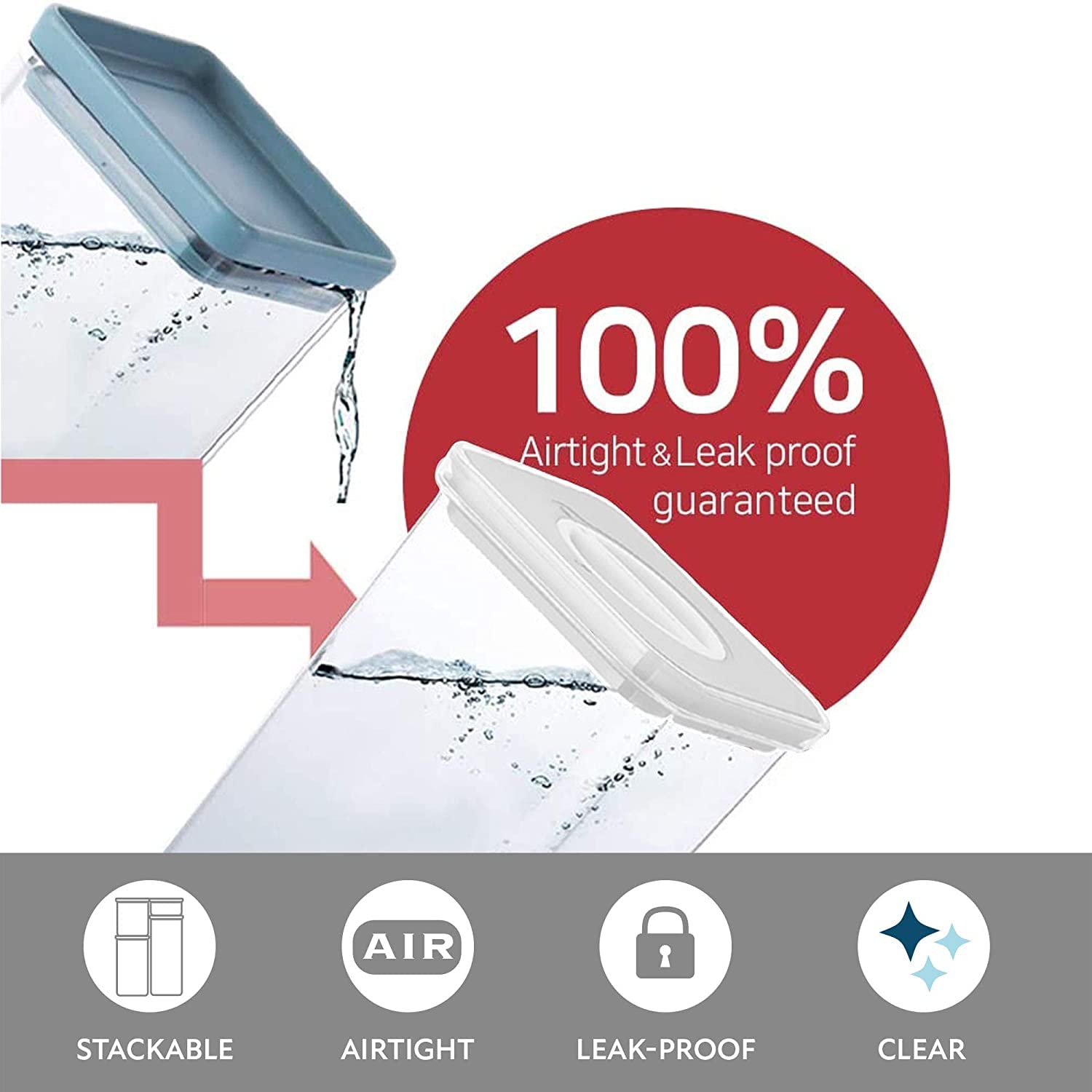 Neoflam Airtight Smart Seal Food Storage Container (Set of 3) | Crystal Clear Body | Modular, Stackable, Nestable Design (2.7L, Square)