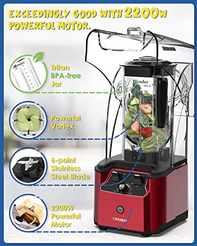 CRANDDI Commercial Quiet Blender, 2200 Watt Professional Countertop Blender with BPA-FREE 80oz Pitcher, Built-in Pulse & 15-speeds Control, Smoothie Blender for Commercial and Home 110V (Red)
