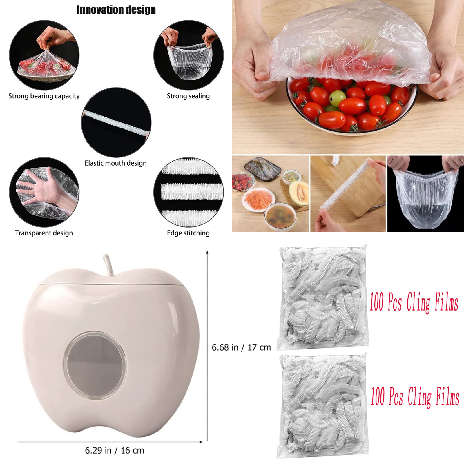 Plastic Wrap Storage Box, Fresh Keeping Bag Storage Box with 100 Pcs Cling Films, Punch-Free Wall-Mounted Large Capacity for Apple Shape Kitchen Bathroom Shower Cap Organizer Dispenser (Grey+100Pcs)