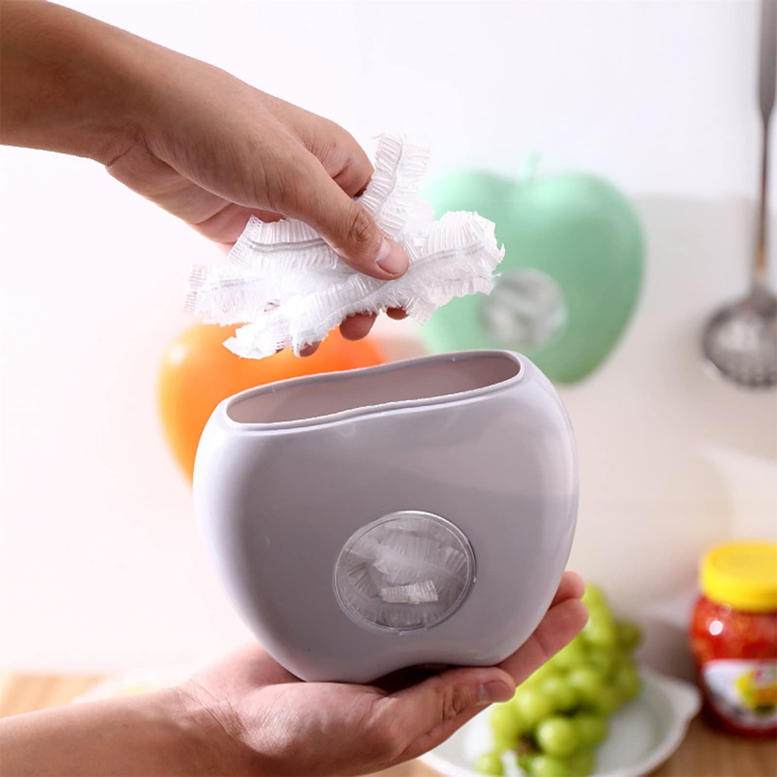 Plastic Wrap Storage Box, Fresh Keeping Bag Storage Box with 100 Pcs Cling Films, Punch-Free Wall-Mounted Large Capacity for Apple Shape Kitchen Bathroom Shower Cap Organizer Dispenser (Grey+100Pcs)