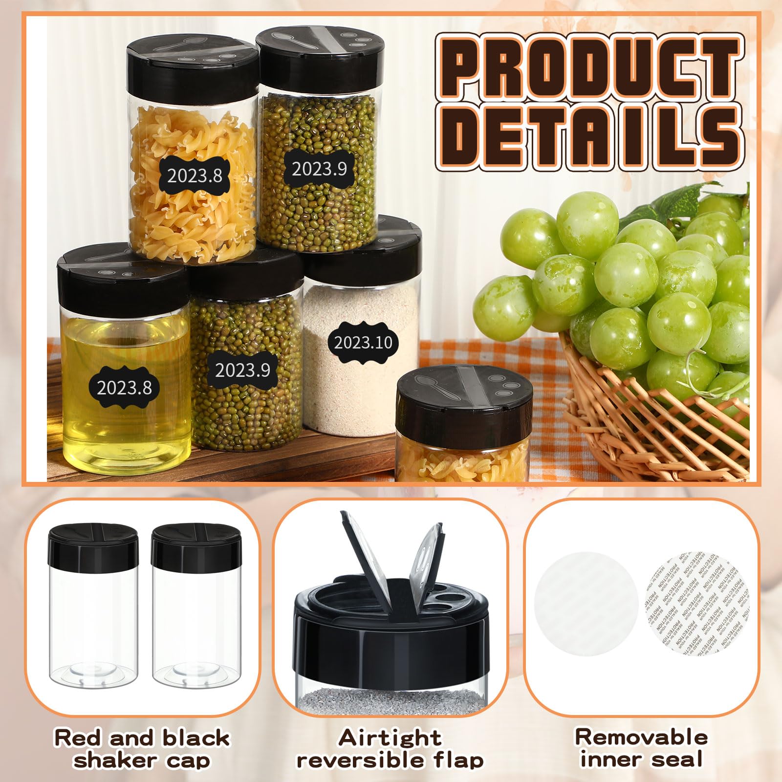 Uiifan 18 Pack 10 oz large plastic Spice Jars with Black Lids Clear and Safe Spice Bottles with Black PVC Labels Plastic Containers with Shaker Lids for Kitchen Storing Salt Herbs Seasoning Powders
