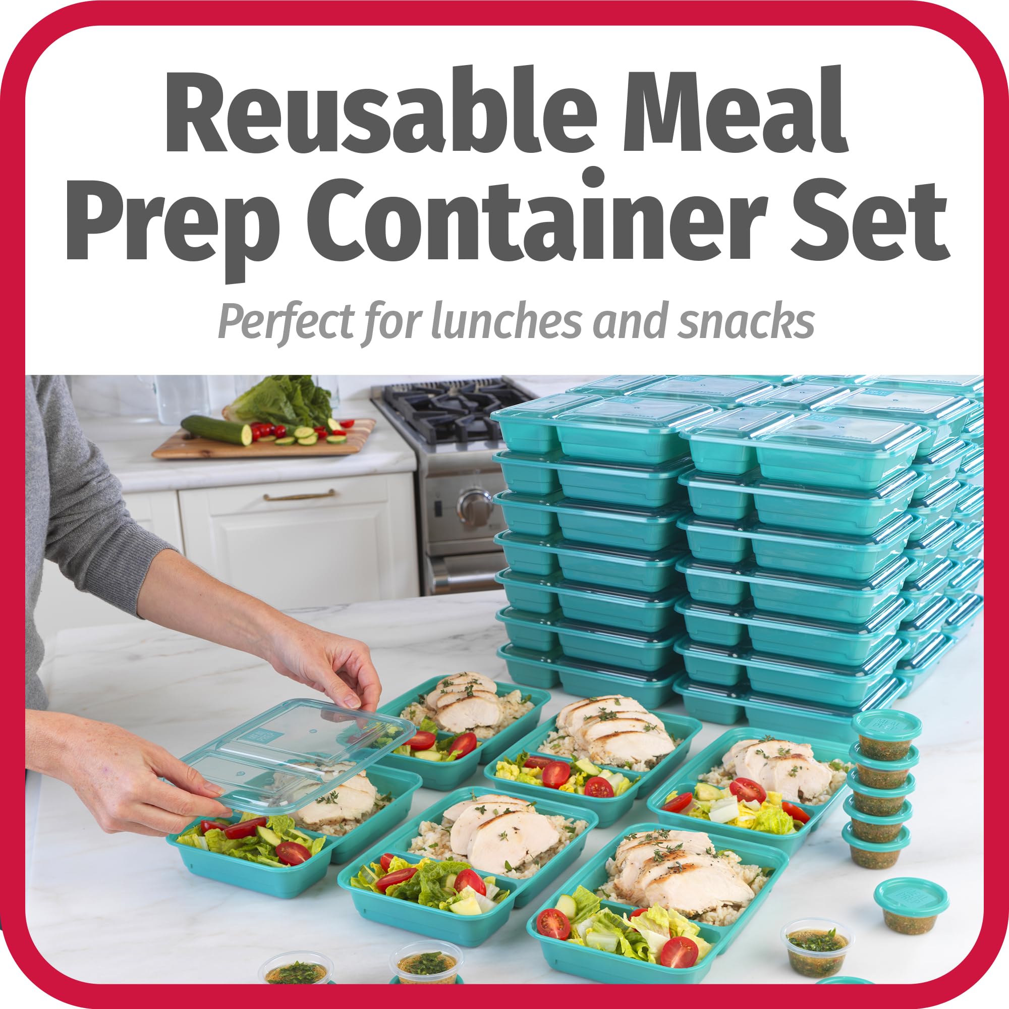 GoodCook Meal Prep 2-Compartment Reusable Food Storage Container Set with 50 Containers, Lids and Condiment Cups, Blue