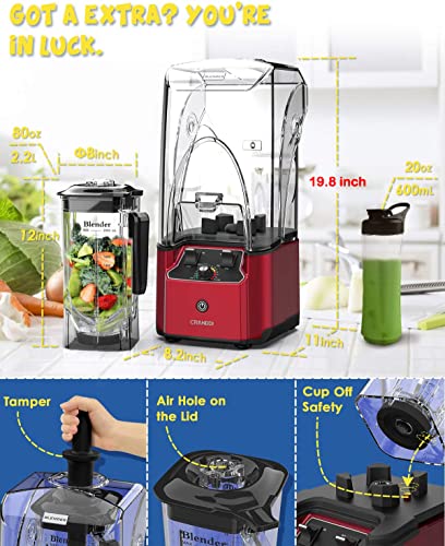 CRANDDI Commercial Quiet Blender, 2200 Watt Professional Countertop Blender with BPA-FREE 80oz Pitcher, Built-in Pulse & 15-speeds Control, Smoothie Blender for Commercial and Home 110V (Red)