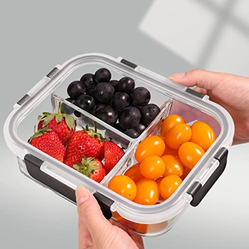 DAS TRUST [5-Packs, 36 oz] Glass Meal Prep Containers 3 Compartment with Lids, Glass Lunch Containers,Food Prep Lunch Box,Bento Box,Microwave, Oven, Freezer, Dishwasher (4.5 Cups, Gray)