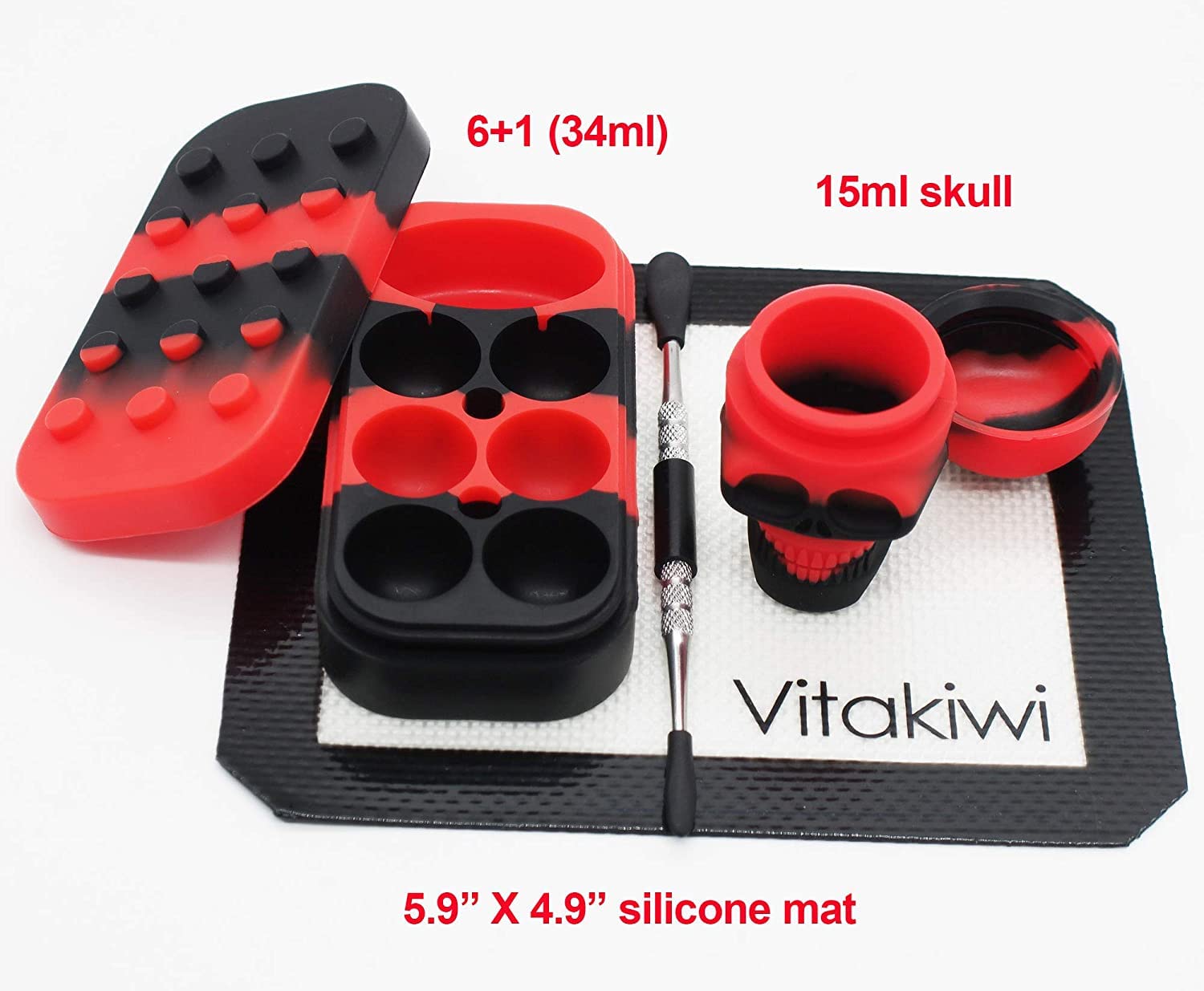 vitakiwi 34ml Silicone Multi Compartment Containers 15ml Skull Jar Non-stick Multi Use Jar (Red Black)