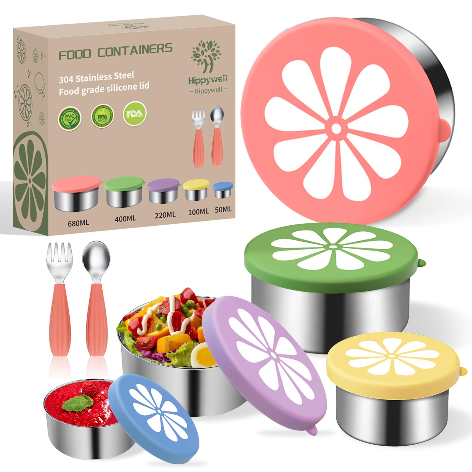 Hippywell Stainless Steel Food Containers with Silicone Lids, Leakproof Metal Lunch Box Set for Kids, Snack Boxes for Travel, 5Pcs Stainless Steel Containers, 1.7OZ up 23OZ