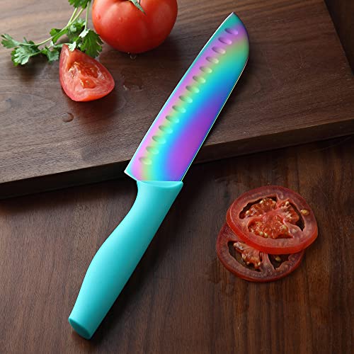 DISHWASHER SAFE Knife Set, Marco Almond®14PC Rainbow Titanium Kitchen Knife Set, KYA27 Knives sets for Kitchen with Block, Teal