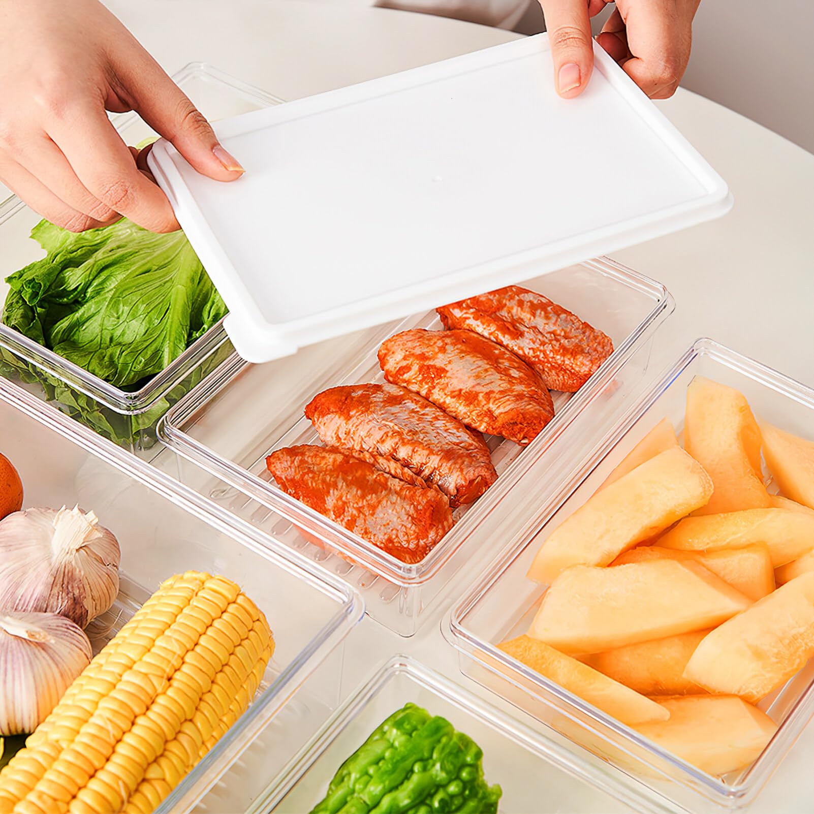 Luxshiny Bacon Storage Container for Fridge Bacon Holder 550ml Plastic Meat Saver Cold Cuts Cheese Keeper with Lid Freezer Storage Containers for Fruits Vegetables Meat Cookie 20x13.5x3.7CM