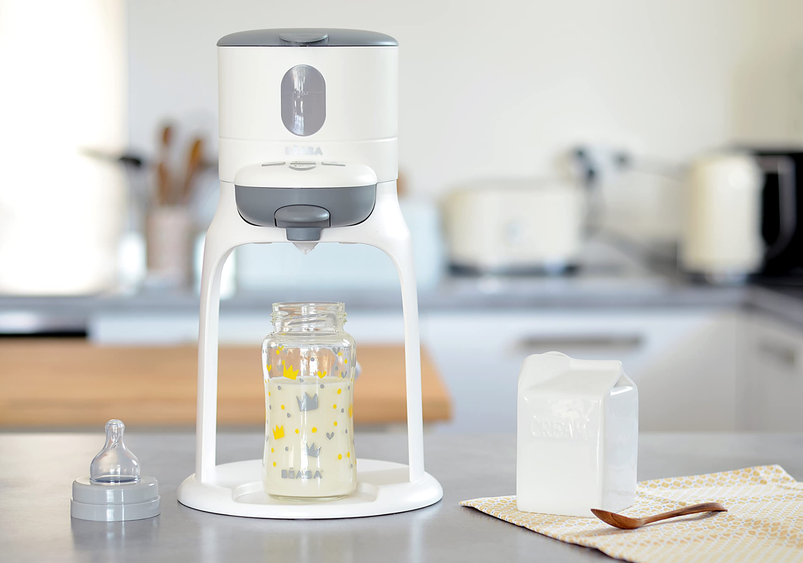BEABA Bib'Expresso Fast Water Warmer, Formula Maker Preps Bottle in 30 Secs, Quickly Dispenses Warm Water for Baby Bottle, Also a Baby Food Warmer, Grey