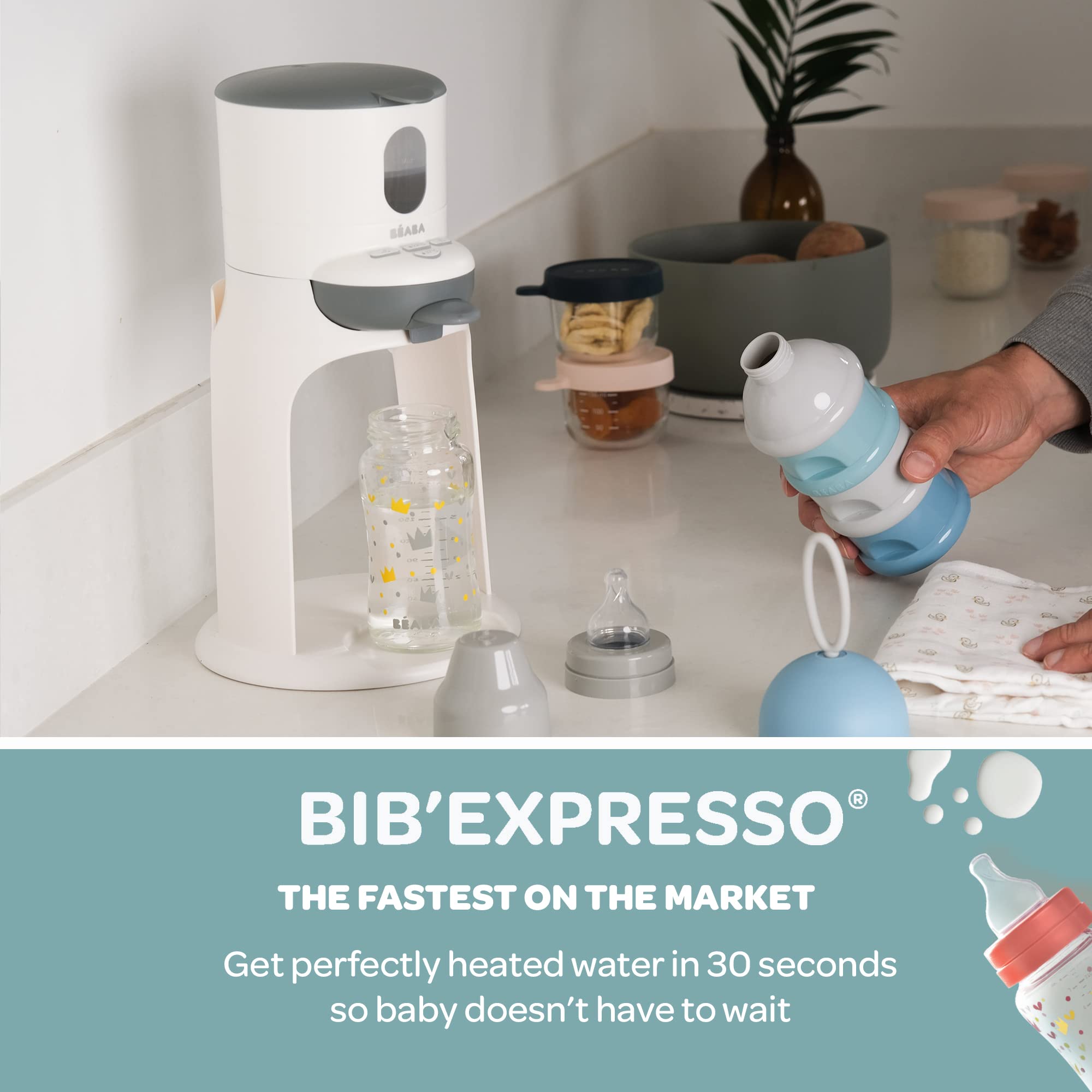 BEABA Bib'Expresso Fast Water Warmer, Formula Maker Preps Bottle in 30 Secs, Quickly Dispenses Warm Water for Baby Bottle, Also a Baby Food Warmer, Grey