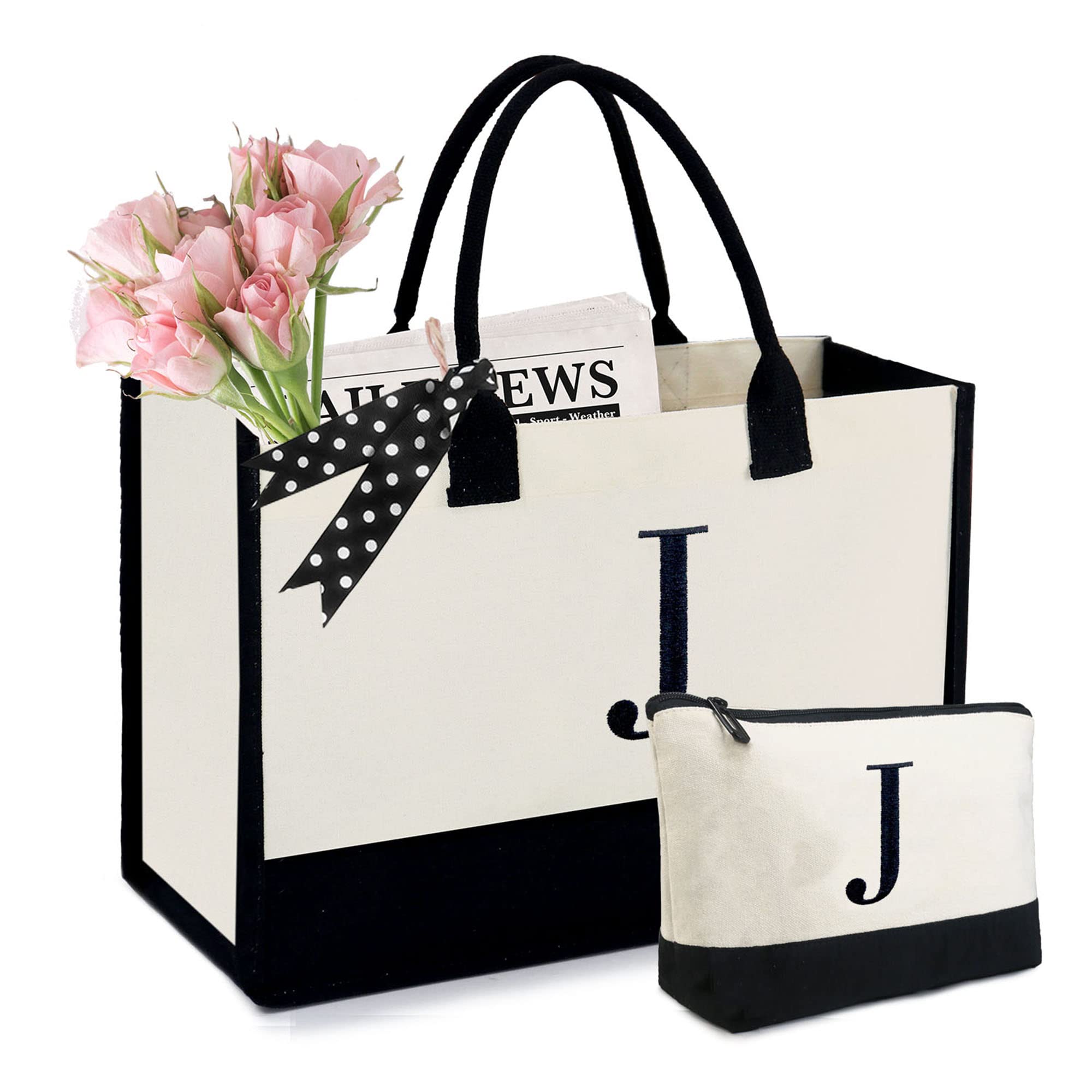 BeeGreen Initial-Canvas-Tote-Bag-for-Women with Comestic Bag, Large Monogram Embroidery Canvas Bag, Personalized Gifts Bag for Mother Sister Her Coworker Birthday Wedding Valentine's Day Gifts J