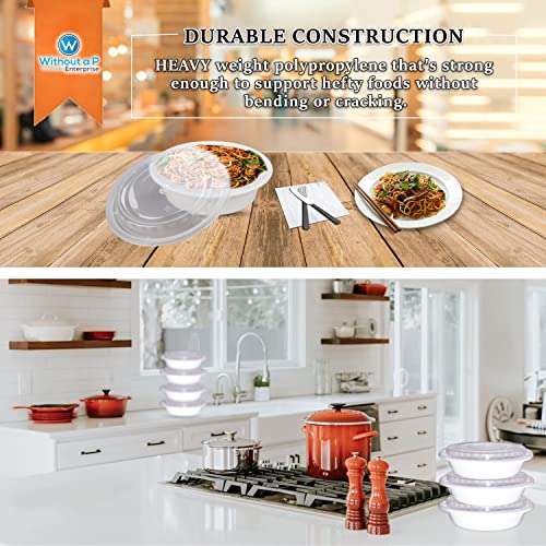 BULK White BIG Container REUSABLE Bowl Meal Food Prep Round Microwavable Heavy Weight bulk Container with Lid, Reusable Plastic (48, Circular, 150, WPC48-150pk)