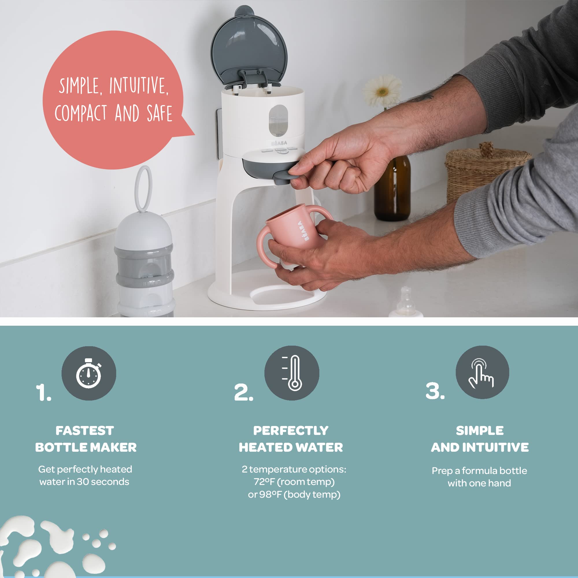 BEABA Bib'Expresso Fast Water Warmer, Formula Maker Preps Bottle in 30 Secs, Quickly Dispenses Warm Water for Baby Bottle, Also a Baby Food Warmer, Grey