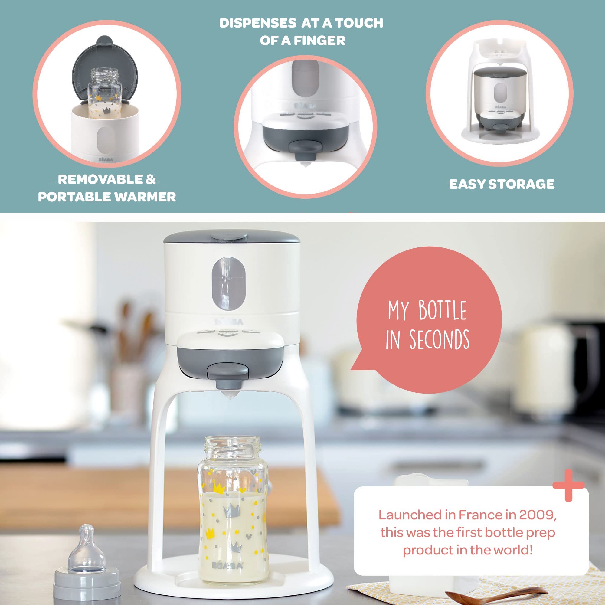 BEABA Bib'Expresso Fast Water Warmer, Formula Maker Preps Bottle in 30 Secs, Quickly Dispenses Warm Water for Baby Bottle, Also a Baby Food Warmer, Grey
