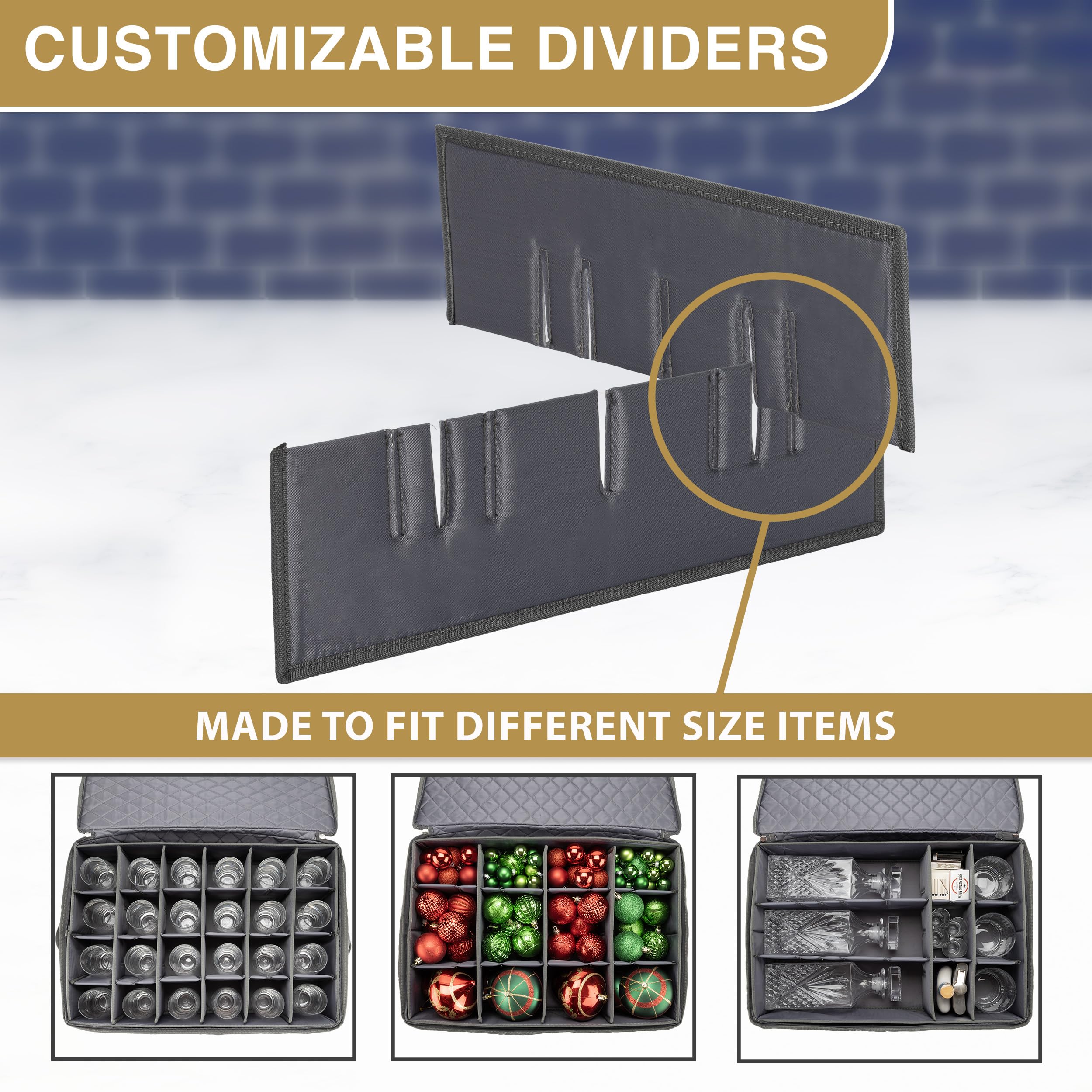 2 Pack - China Cup Storage Chest with 48 Compartments Total - 19" x 13" x 6.5"H - Customizable Dividers to Accommodate Different Glassware and Bar Glasses - Hardshell on Sides and Bottom - Gray