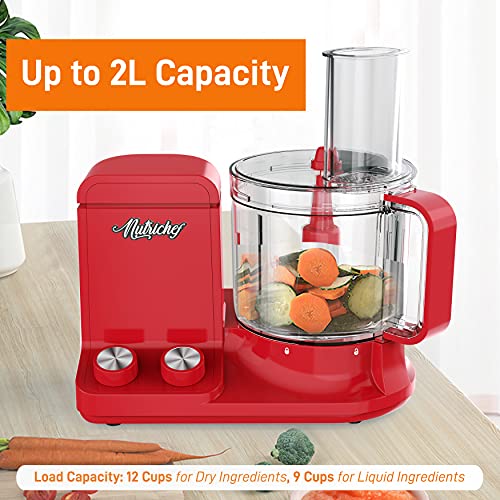 NutriChef NCFPRED Multifunction Food Processor-Ultra Quiet Powerful Motor, Includes 6 Attachment Blades, Up to 2L Capacity (Red), One Size
