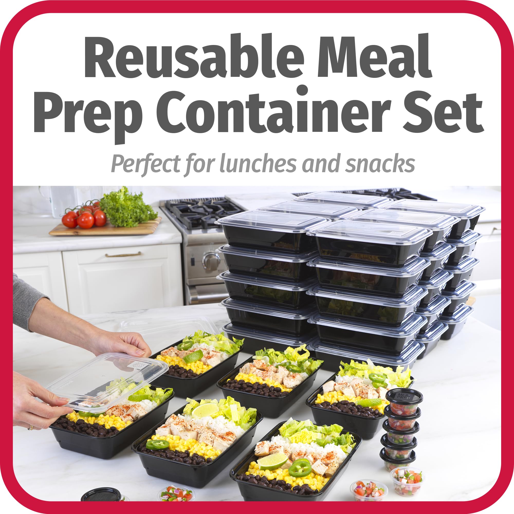 GoodCook Meal Prep 1-Compartment Reusable Food Storage Container Set with 50 Containers, Lids and Condiment Cups, Black