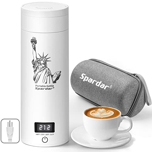Portable Travel Kettle with Case, Spardar Portable Kettle for Travel 4 Temperature Control and Auto Shut-Off Travel Kettle Electric Small for Tea, Coffee, BPA Free, Boil Dry Protection, 380ml, White
