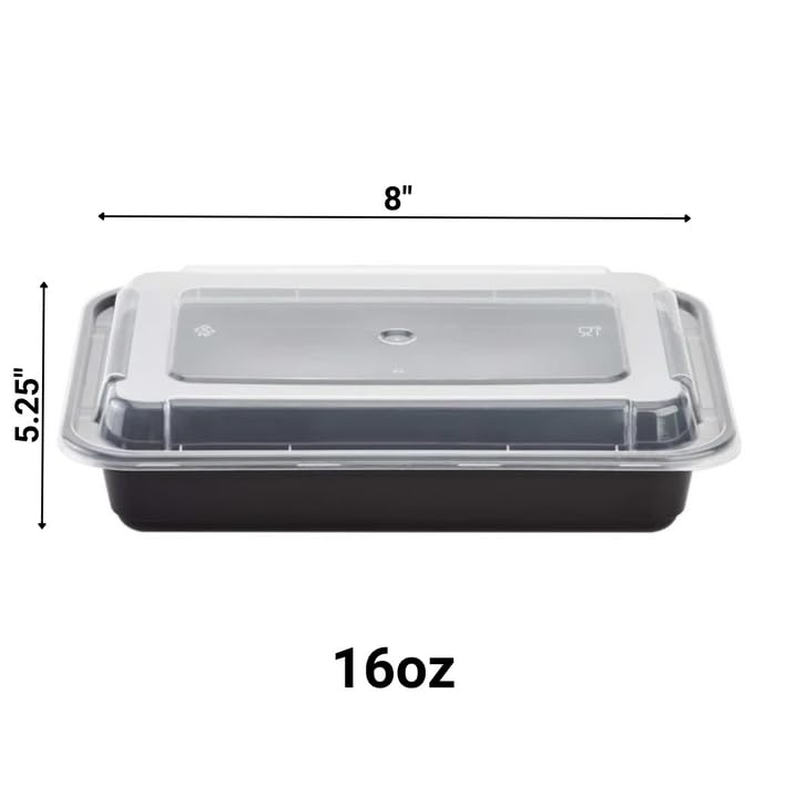 Nicole Fantini 16oz Disposable Black Meal Prep/Bento Box with Clear Dome Lids - Rectangular Plastic Meal Containers - Leak Proof and Reusable Box : Perfect For Salad, Meal Prep and Fruits : Set of 10