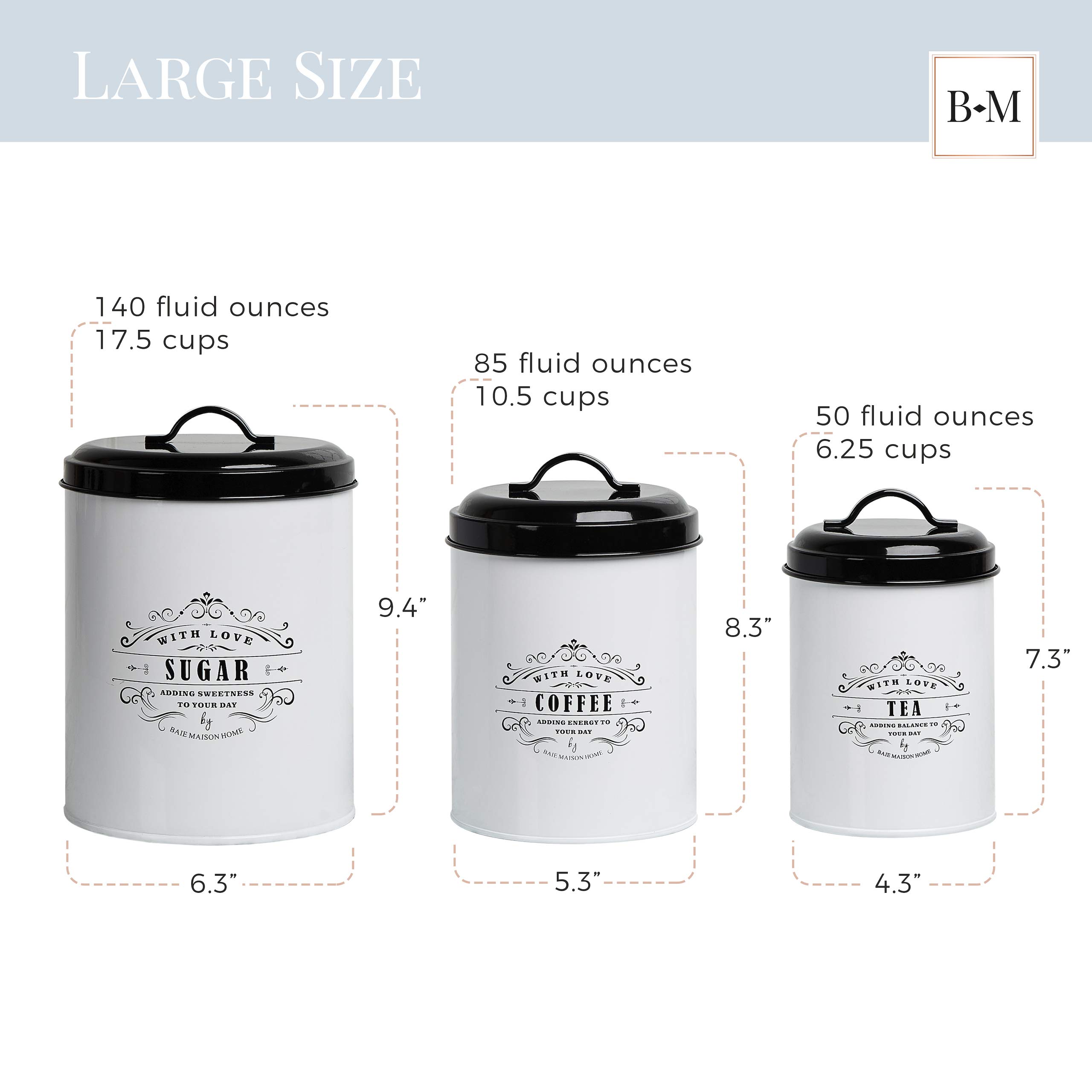 Baie Maison Large Kitchen Canisters Set of 3 - Farmhouse Canister Sets for Kitchen Counter White - Coffee Tea Sugar Container Set - Rustic Kitchen Canisters Farmhouse Style Decor - Metal Kitchen Jars