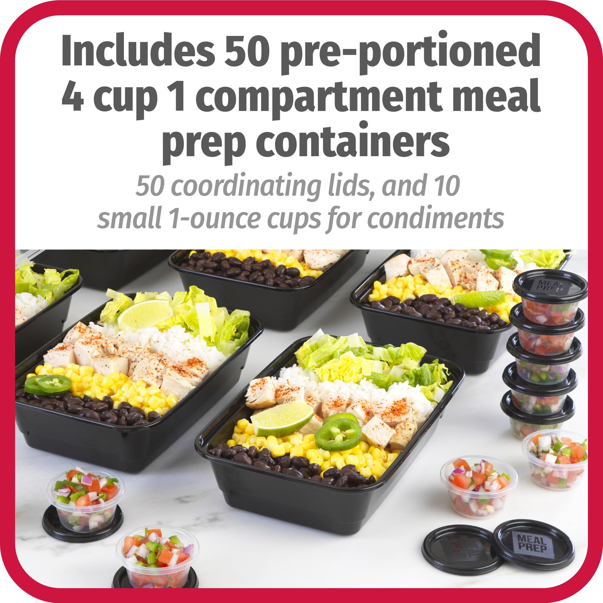 GoodCook Meal Prep 1-Compartment Reusable Food Storage Container Set with 50 Containers, Lids and Condiment Cups, Black