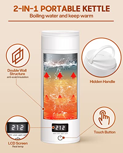 Portable Travel Kettle with Case, Spardar Portable Kettle for Travel 4 Temperature Control and Auto Shut-Off Travel Kettle Electric Small for Tea, Coffee, BPA Free, Boil Dry Protection, 380ml, White