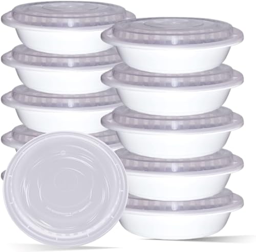 BULK White BIG Container REUSABLE Bowl Meal Food Prep Round Microwavable Heavy Weight bulk Container with Lid, Reusable Plastic (48, Circular, 150, WPC48-150pk)