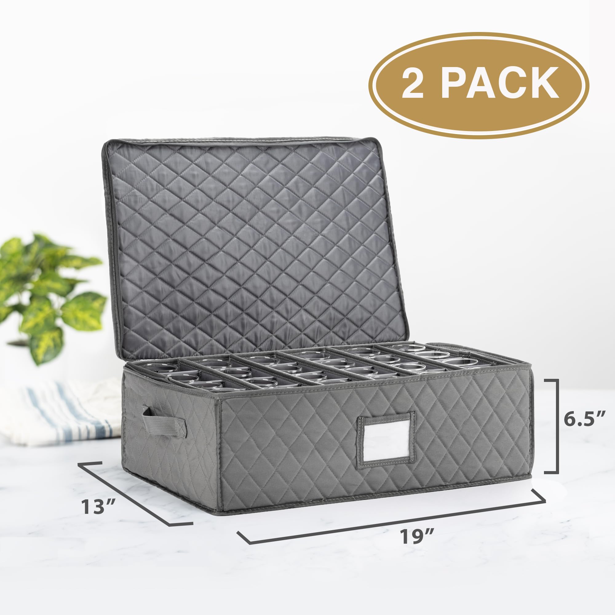 2 Pack - China Cup Storage Chest with 48 Compartments Total - 19" x 13" x 6.5"H - Customizable Dividers to Accommodate Different Glassware and Bar Glasses - Hardshell on Sides and Bottom - Gray