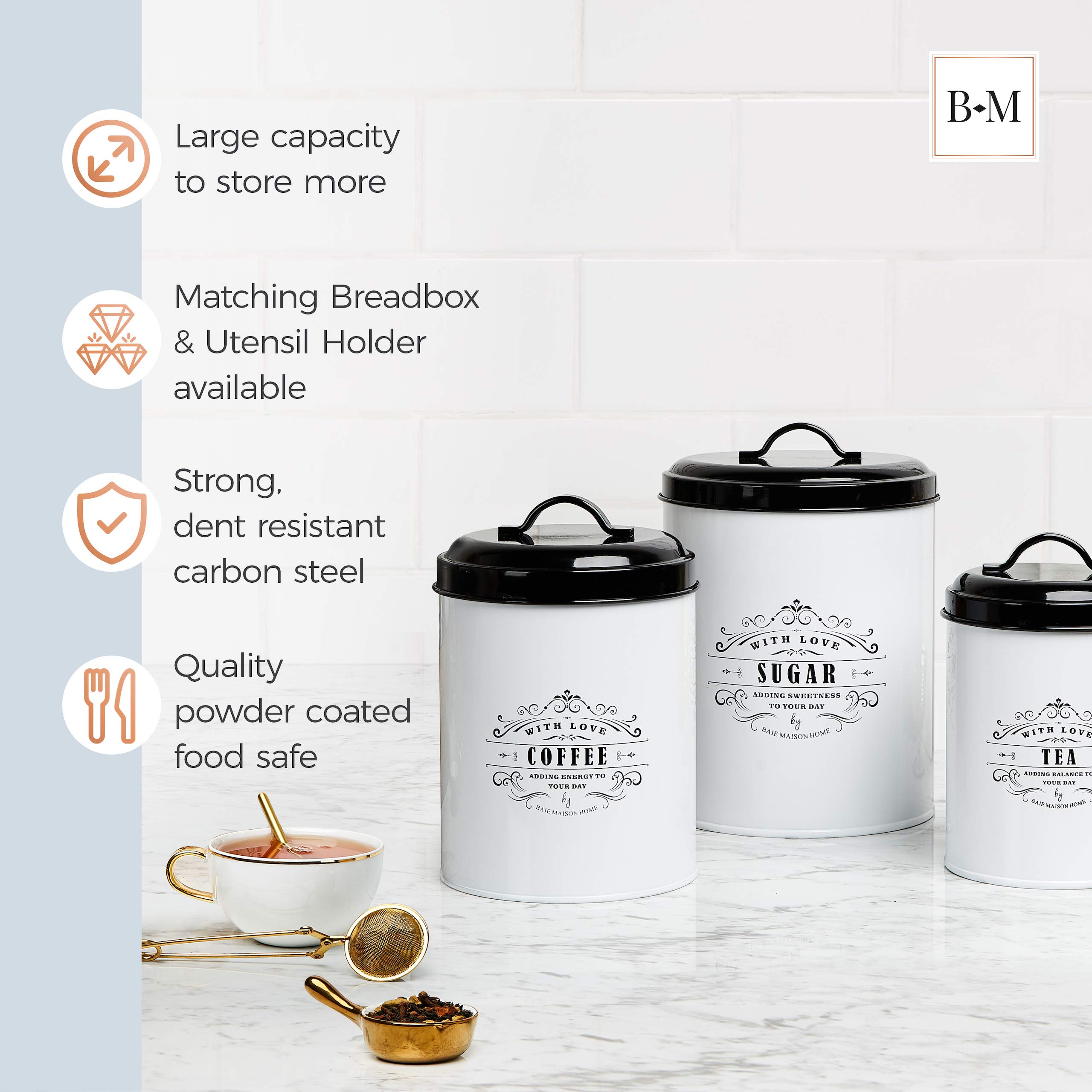 Baie Maison Large Kitchen Canisters Set of 3 - Farmhouse Canister Sets for Kitchen Counter White - Coffee Tea Sugar Container Set - Rustic Kitchen Canisters Farmhouse Style Decor - Metal Kitchen Jars