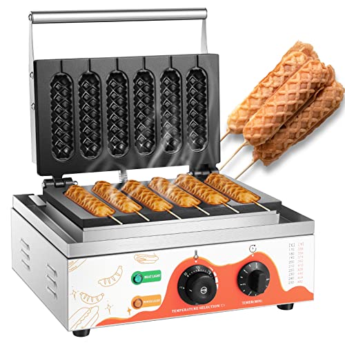 Moongiantgo Commercial Corn Dog Waffle Maker Machine 6 PCS 1550W Waffles on a Stick Maker Stainless Steel, 50-300â Temp Control, 5-min Timer Waffle Dog Maker 110V(White)