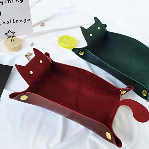 Guoshang Portable Cat Shape Leather Storage Tray Key Desktop Jewelry Box,Red Wine