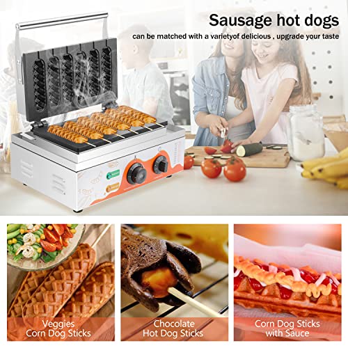 Moongiantgo Commercial Corn Dog Waffle Maker Machine 6 PCS 1550W Waffles on a Stick Maker Stainless Steel, 50-300β Temp Control, 5-min Timer Waffle Dog Maker 110V(White)