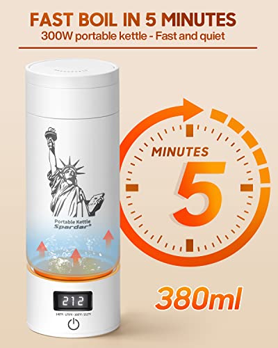 Portable Travel Kettle with Case, Spardar Portable Kettle for Travel 4 Temperature Control and Auto Shut-Off Travel Kettle Electric Small for Tea, Coffee, BPA Free, Boil Dry Protection, 380ml, White