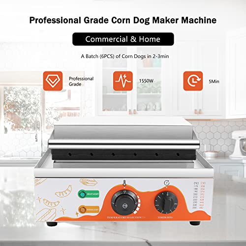 Moongiantgo Commercial Corn Dog Waffle Maker Machine 6 PCS 1550W Waffles on a Stick Maker Stainless Steel, 50-300β Temp Control, 5-min Timer Waffle Dog Maker 110V(White)