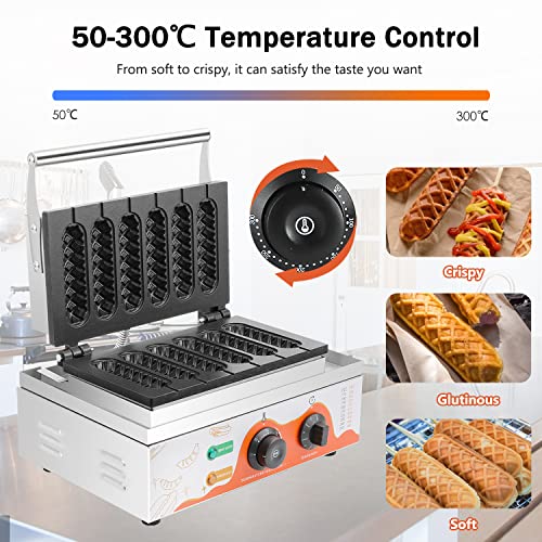 Moongiantgo Commercial Corn Dog Waffle Maker Machine 6 PCS 1550W Waffles on a Stick Maker Stainless Steel, 50-300β Temp Control, 5-min Timer Waffle Dog Maker 110V(White)
