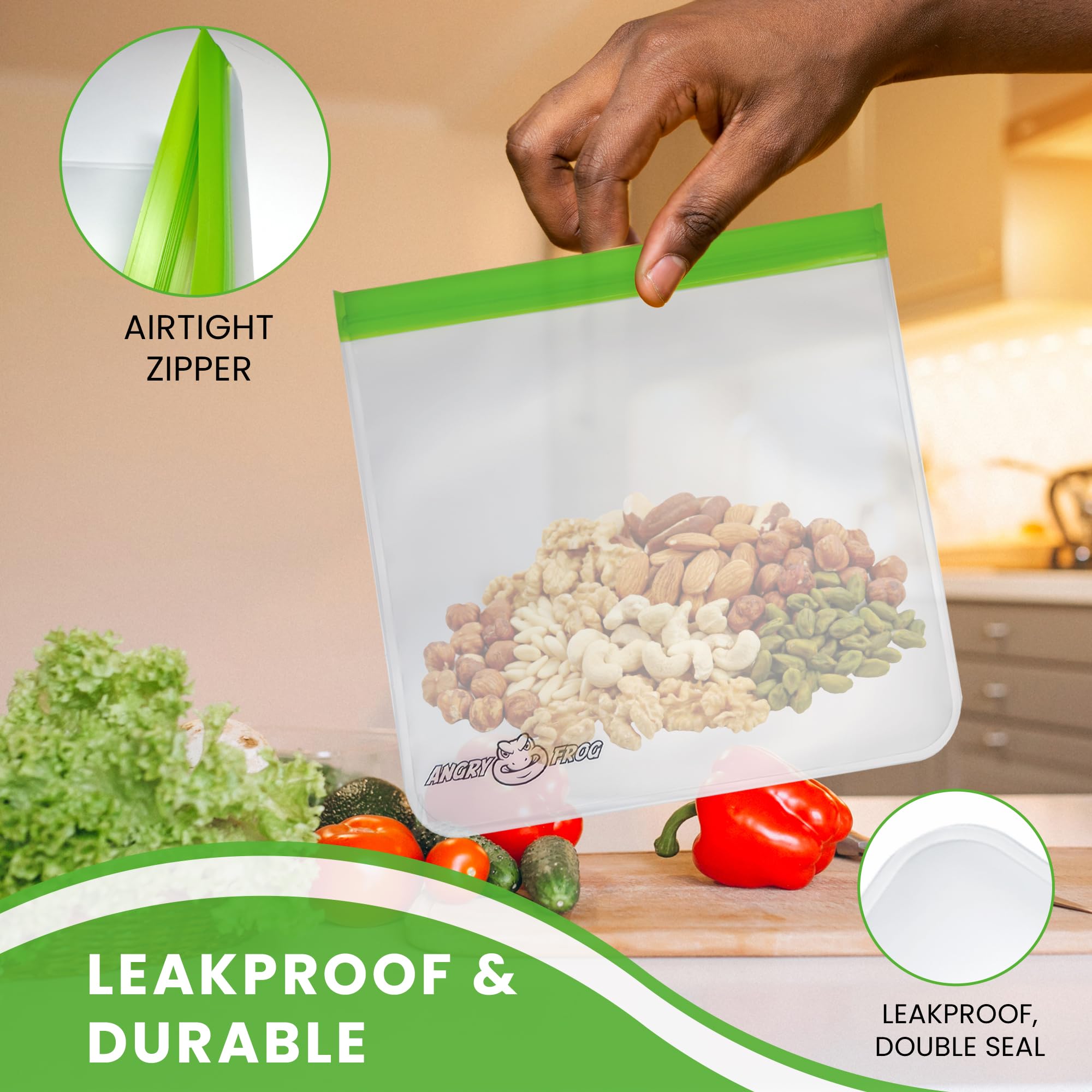 Angry Frog Reusable Silicone Ziplock Bags | Leakproof, Ziptie, Airtight, Freezer Bags | Keep Fruit, Snacks, Sandwich Fresh & Safe | BPA Free, Reusable Silicone Bags for Food Storage, 6 PCS