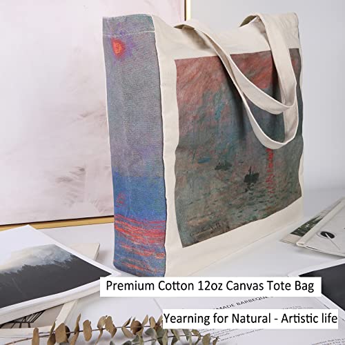 Sanmuci Canvas Tote Bag, Women's Large Zip Canvas Bag with Pockets, Vintage Graphic Aesthetic Shoulder Bags, Reusable Grocery Lunch Bag - Monet·Sunrise Impression