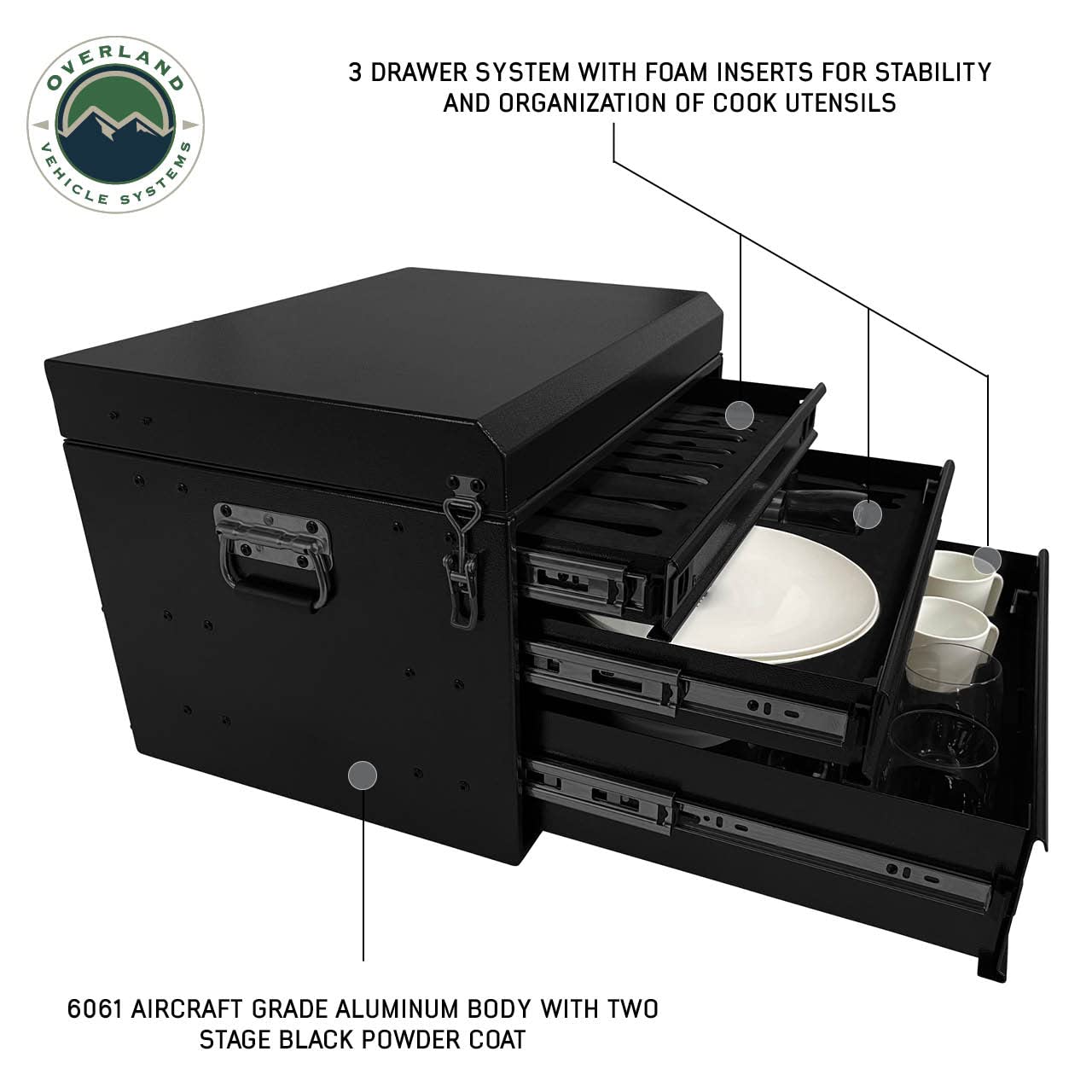 Overland Vehicle Systems Ultimate 39 Piece Utensil Set - Black Powder Coat Universal - 6061 Aircraft-Grade Aluminum Storage Box - Heavy Duty Grab Handles