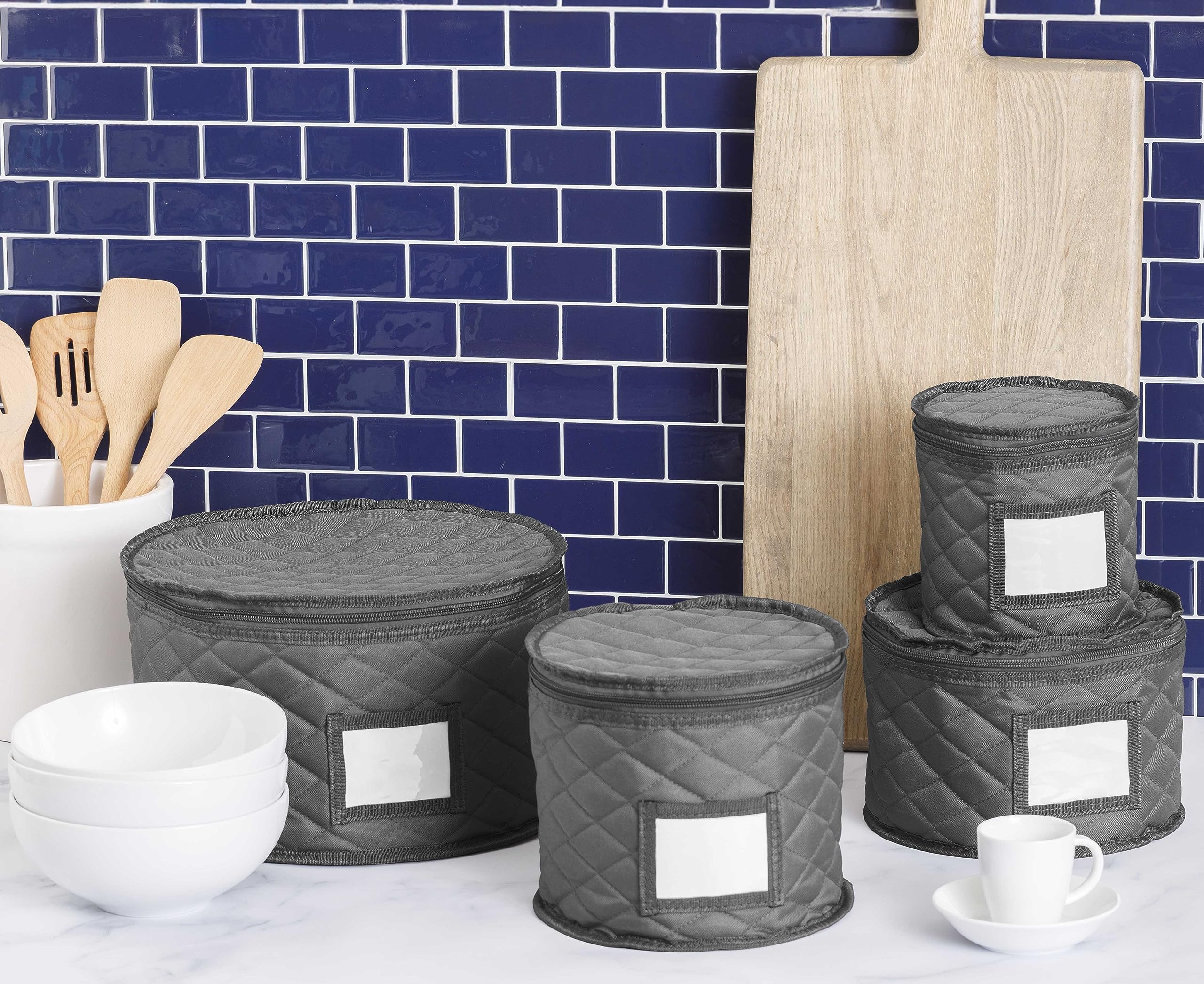 7" Small Plate Storage Case - China Storage Container - Stackable With Padded Interior to Store your Dinnerware Dishes - 12 Felt Dividers Included - Gray - Great for Saucers, Bowls, Appetizer Plates